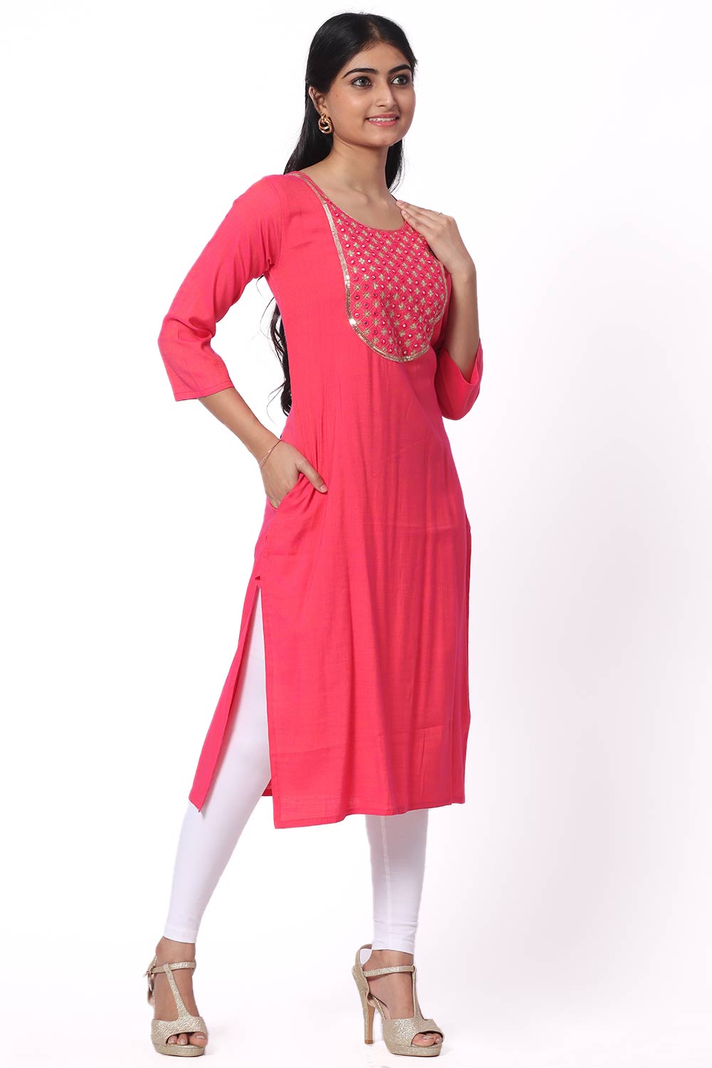 Foryourself Coral Pink with Chamki work Kurti - foryourself.in