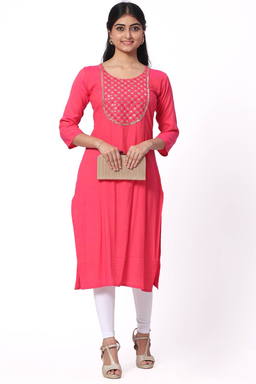 Foryourself Coral Pink with Chamki work Kurti - foryourself.in