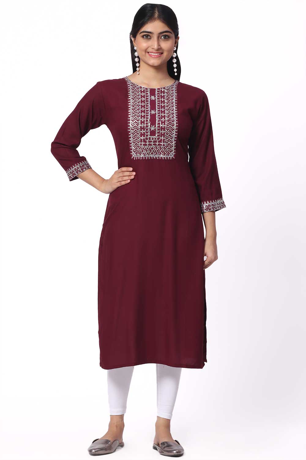 Foryourself Maroon With Silver Embroidery Kurti - foryourself.in