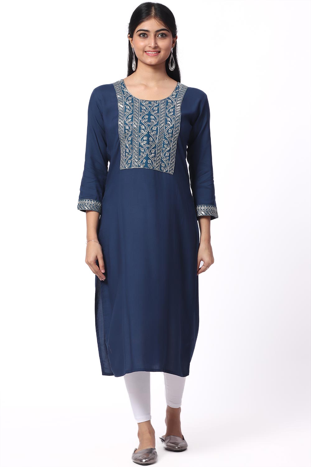 Foryourself Navy Blue with Silver Embroidery Kurti - foryourself.in