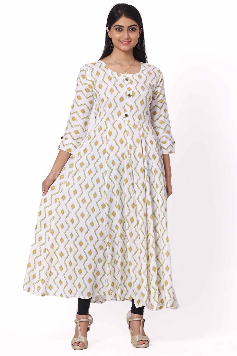 Foryourself White with Teal Green print work Kurti - foryourself.in