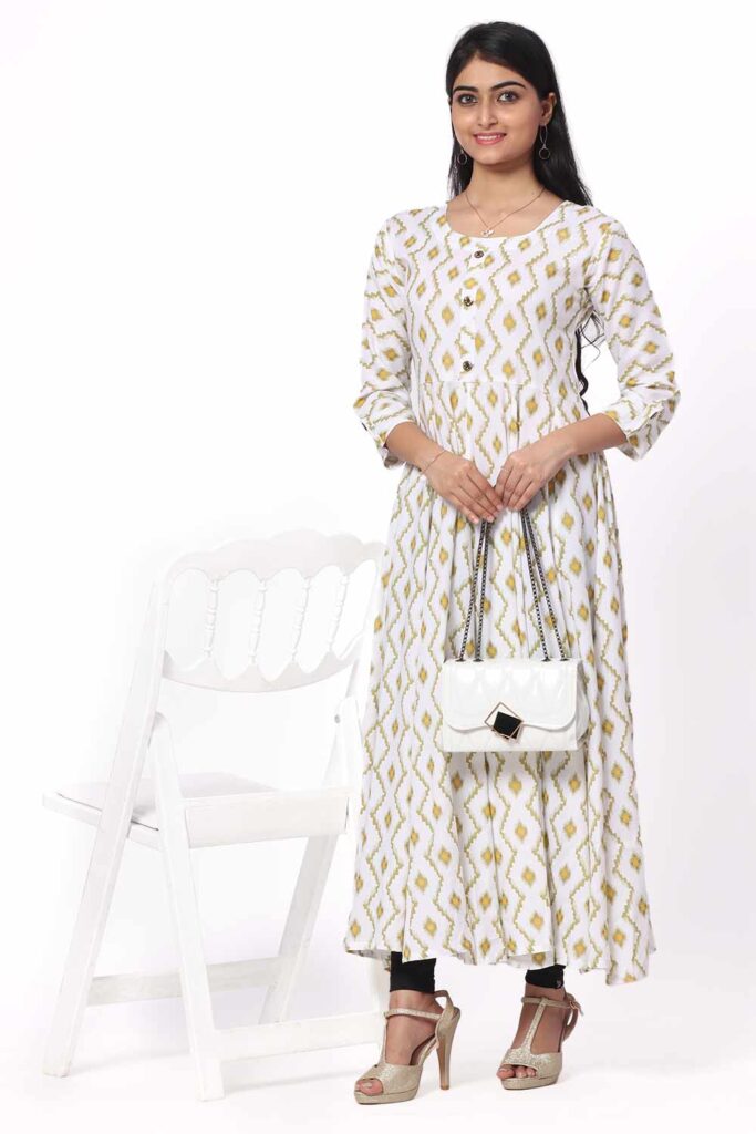 Foryourself White with Teal Green print work Kurti - foryourself.in